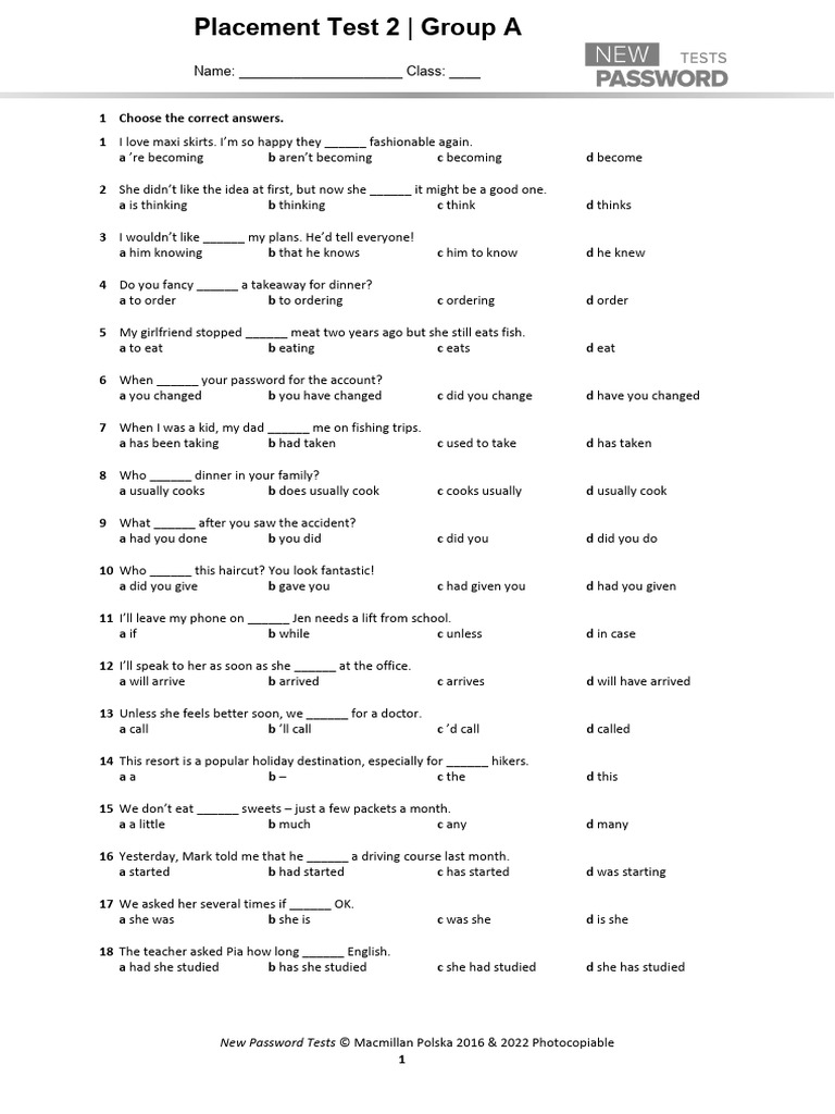 New Password Placement Test 2A | PDF