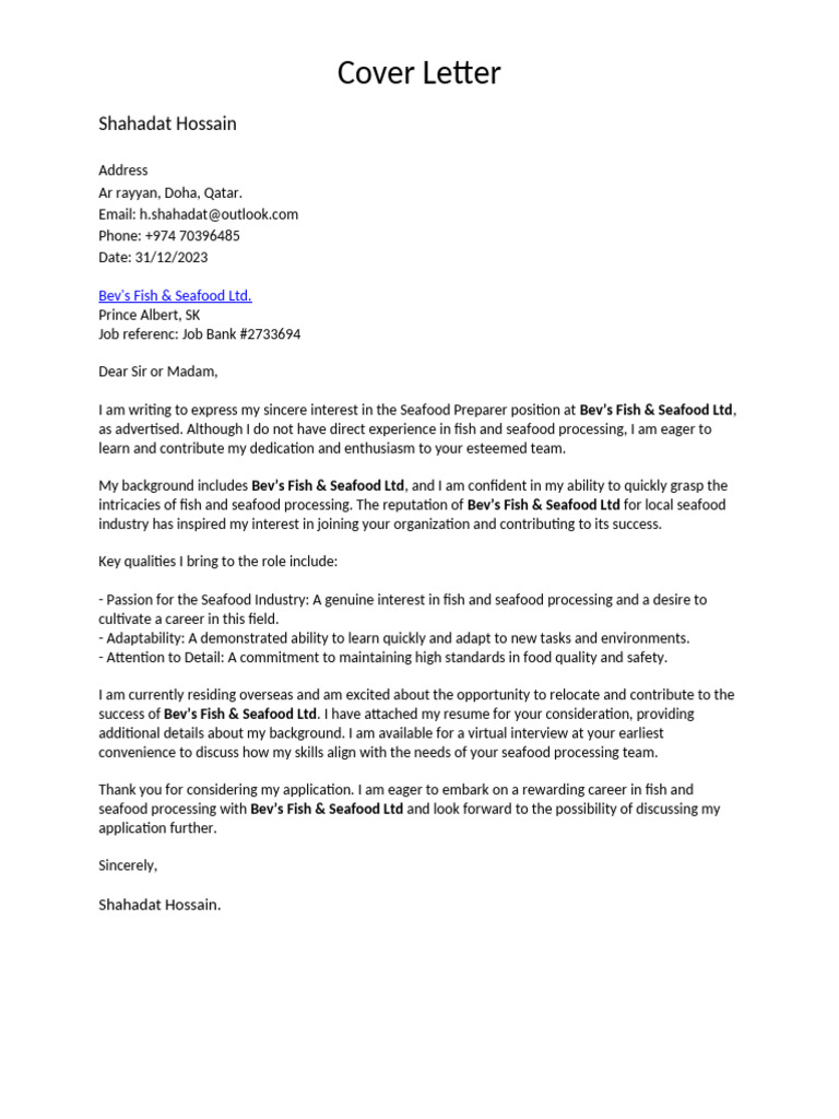 Cover Letter Seafood | PDF