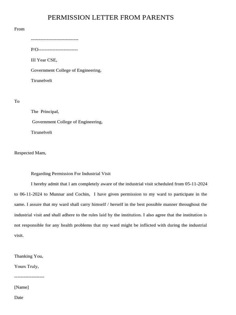 Parent Permission for Industrial Visit | PDF