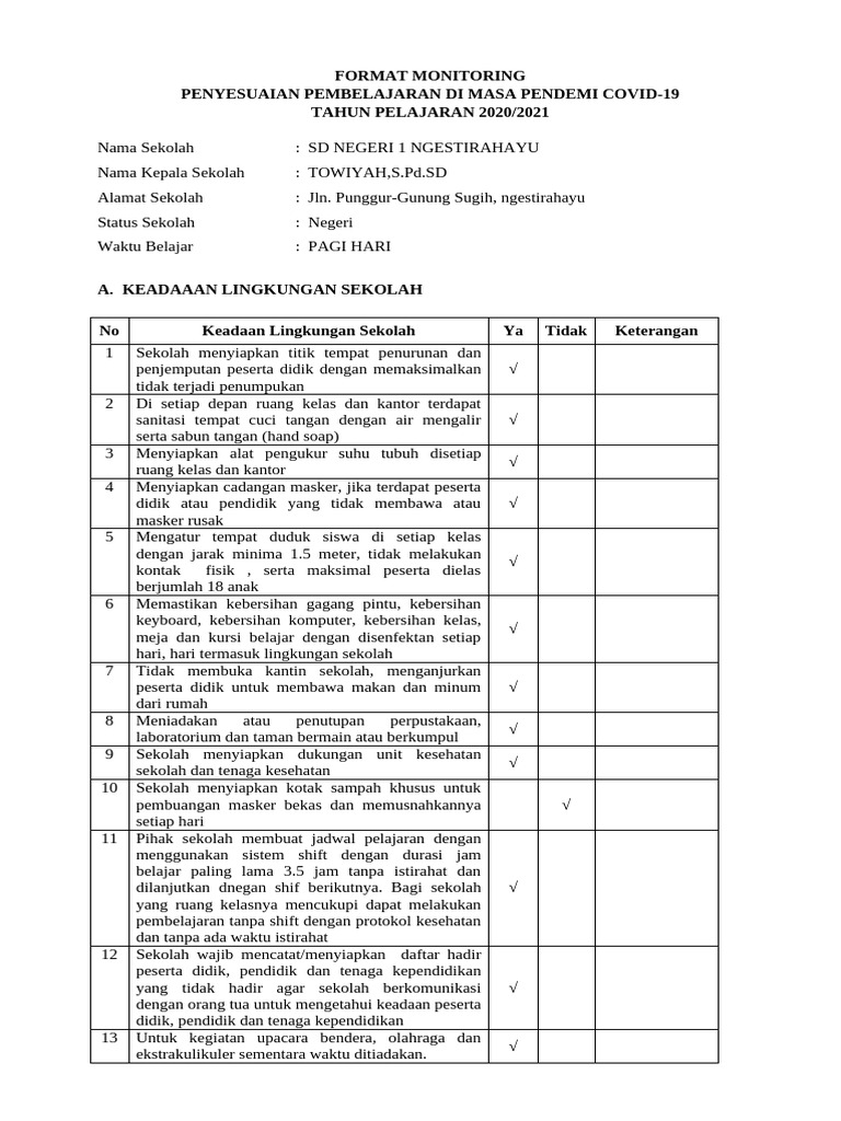 FORMAT MONITORING Kesiapan Sekolah | PDF | Kesehatan Holistik | Sains & Matematika