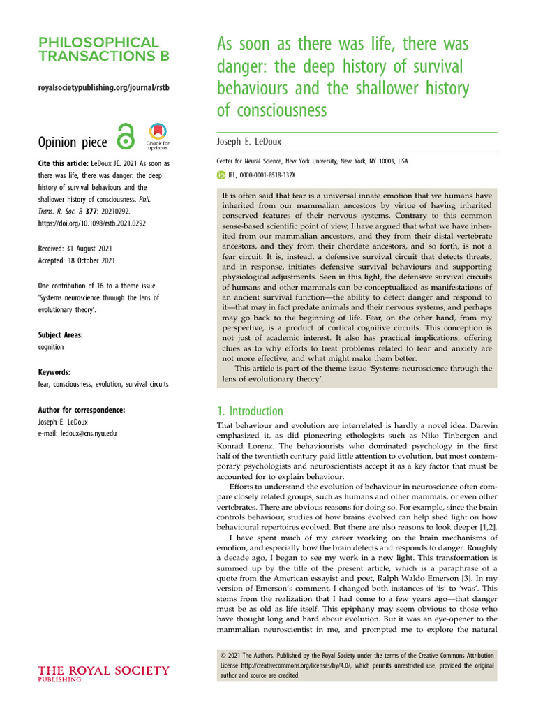 LeDoux 2022 As Soon As There Was Life There Was Danger - The Deep History of Survival Behaviours ...