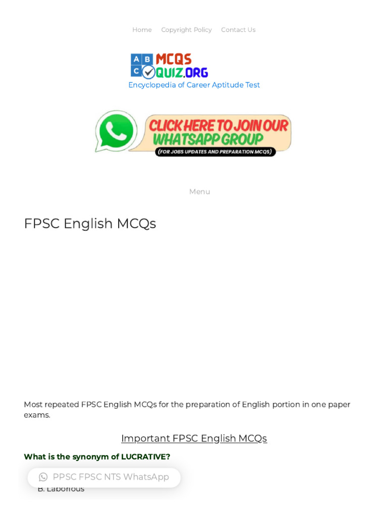 FPSC English MCQs PDF Download - Solved | PDF | Verb | Adjective