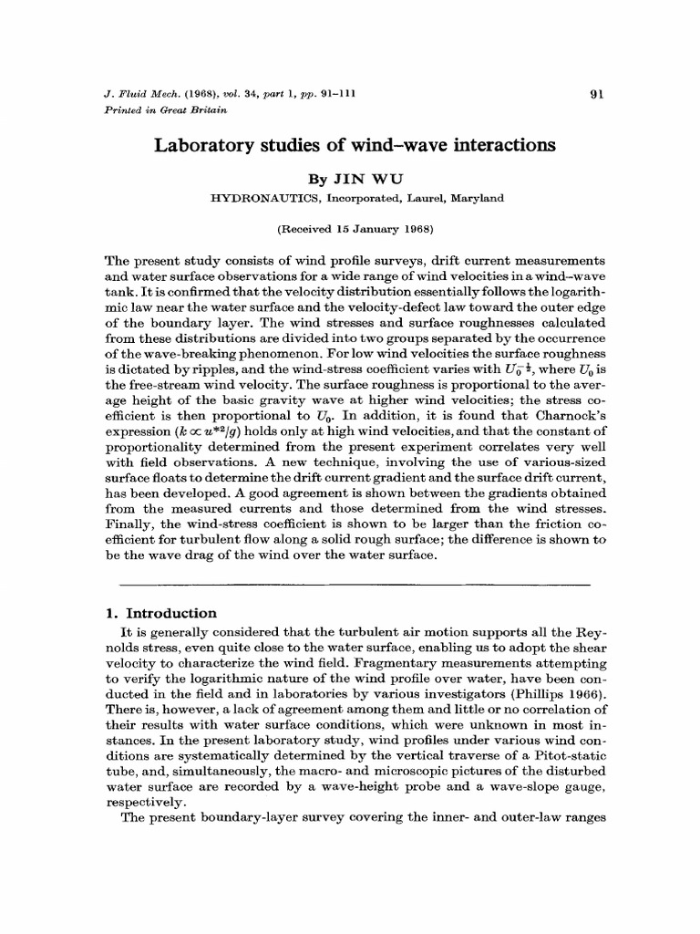 Laboratory Studies of Wind-Wave Interactions, Wu 1968 | PDF | Waves ...