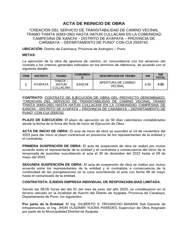 Acta de Reinicio de Obra | PDF