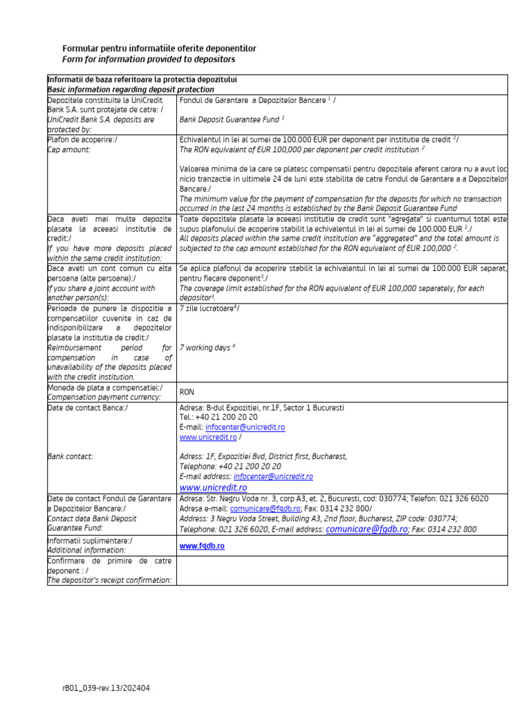 Form-For-Information-Provided-To-Depositors UniCredit | PDF | Business ...