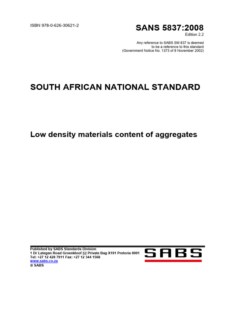 SANS 5837 2008 Low Density Materials Content of Aggregates | PDF ...