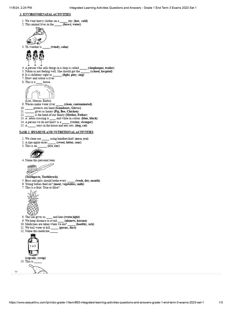 Integrated Learning Activities Questions and Answers - Grade 1 End Term ...