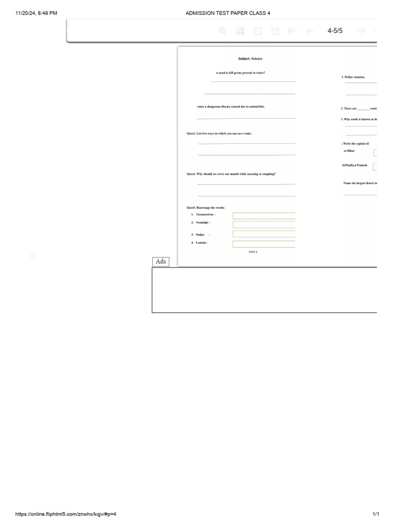 ADMISSION TEST PAPER CLASS 4 - Entrance | PDF