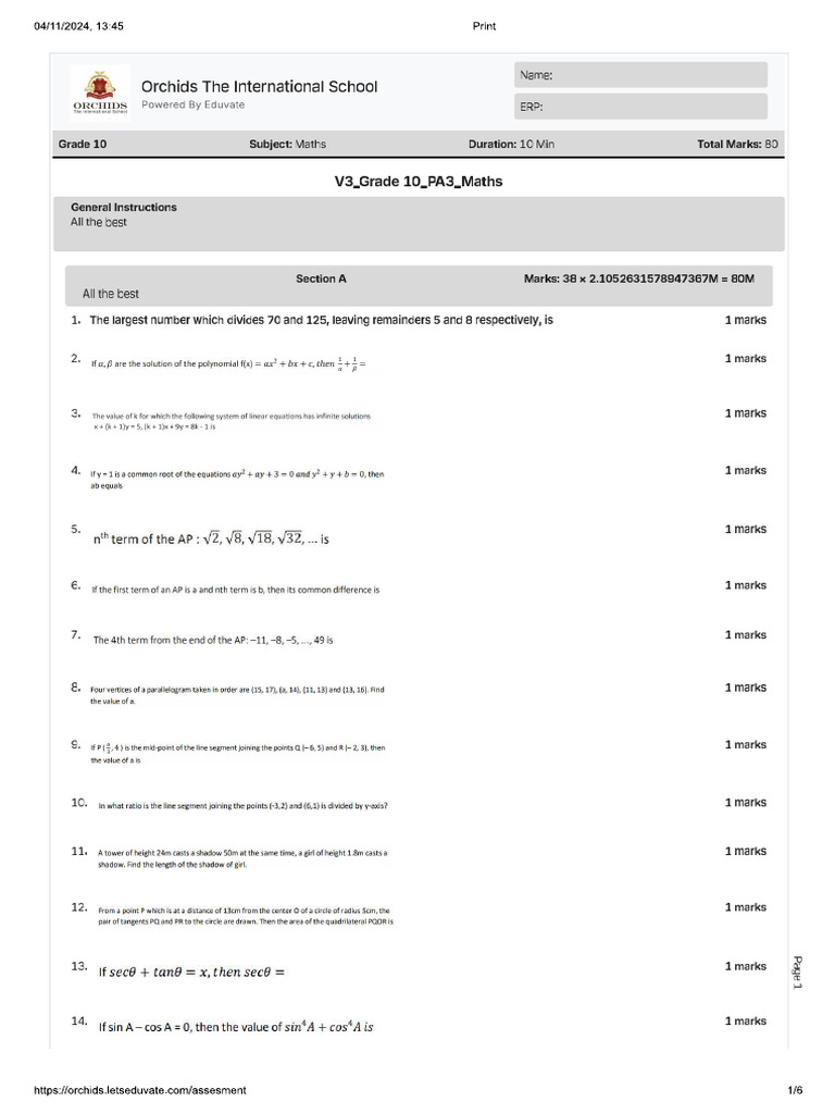 Gr10 - Math - PA3 QP - 2023-24 | PDF