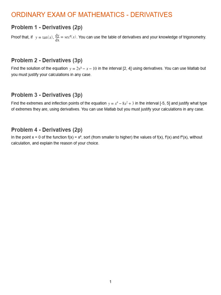 Math Exam: Derivatives Focus | PDF | Teaching Methods & Materials