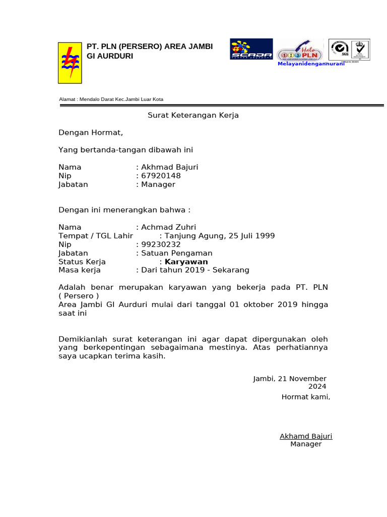 Surat Keterangan Kerja Karyawan PLN | PDF