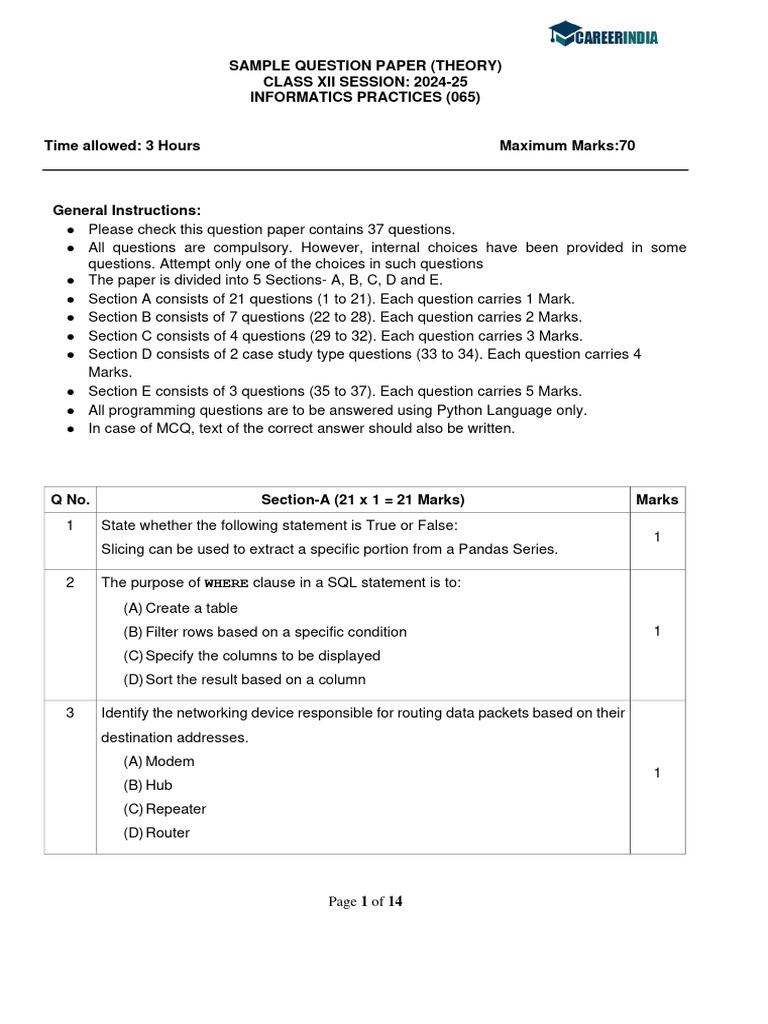 CBSE Class 12 Informatics Practices Sample Question Paper 2024-25 | PDF ...