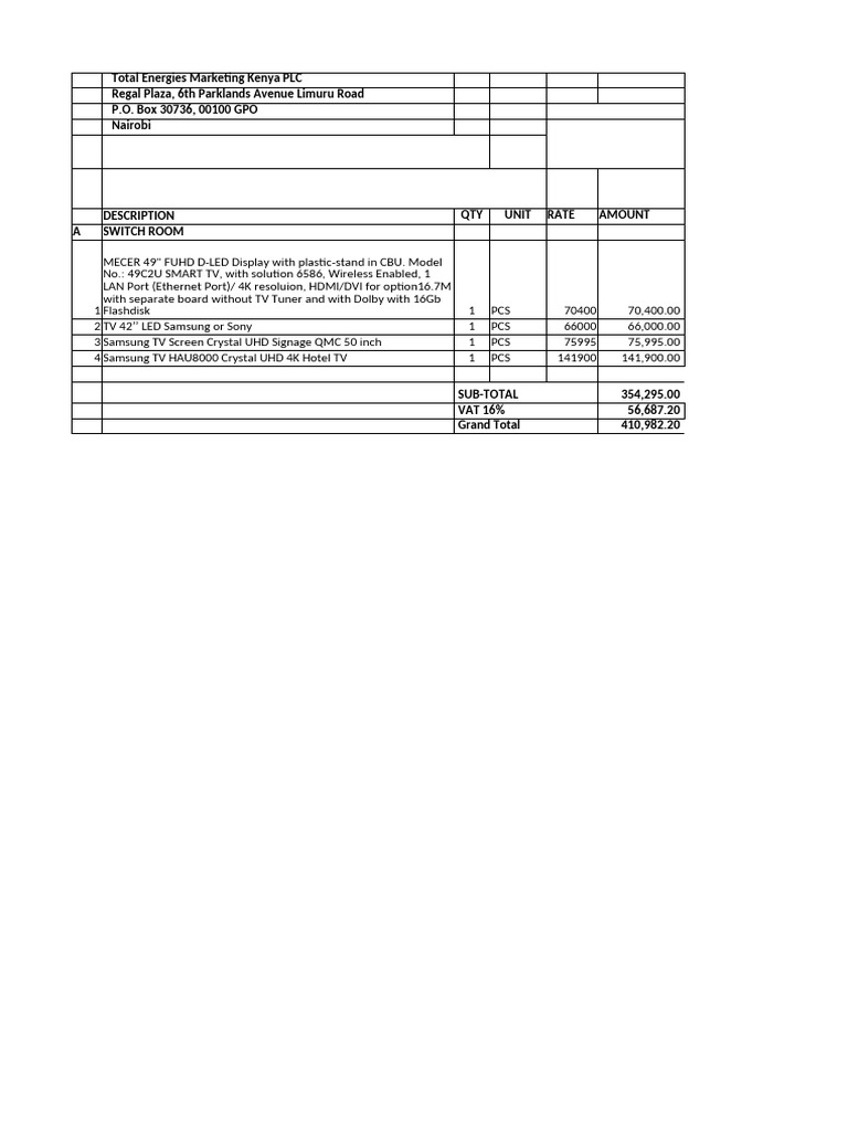 BOQ For Shop Commercial TV Screens | PDF