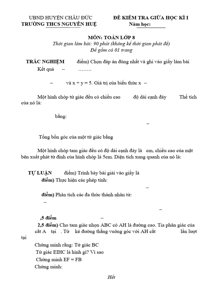 De Giua Hoc Ki 1 Toan 8 Nam 2024 2025 Truong Thcs Nguyen Hue BR VT | PDF