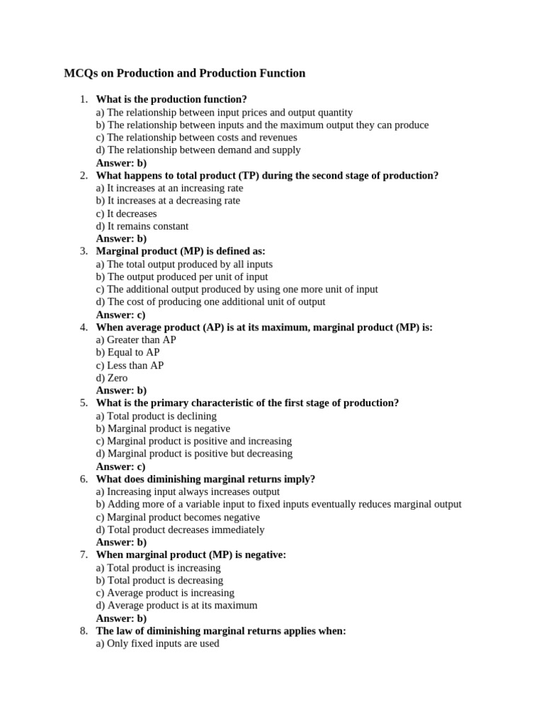 MCQs On Production and Production Function | PDF | Marginal Cost | Production Function