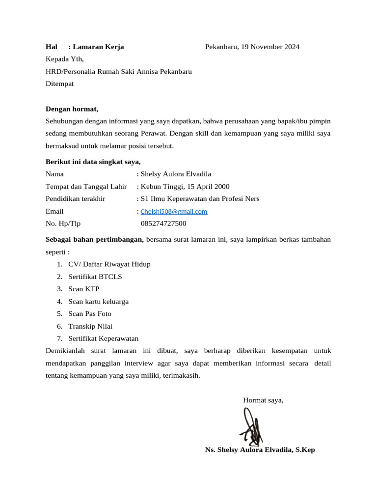 Surat Lamaran Kerja RS. Annisa Pekanbaru | PDF