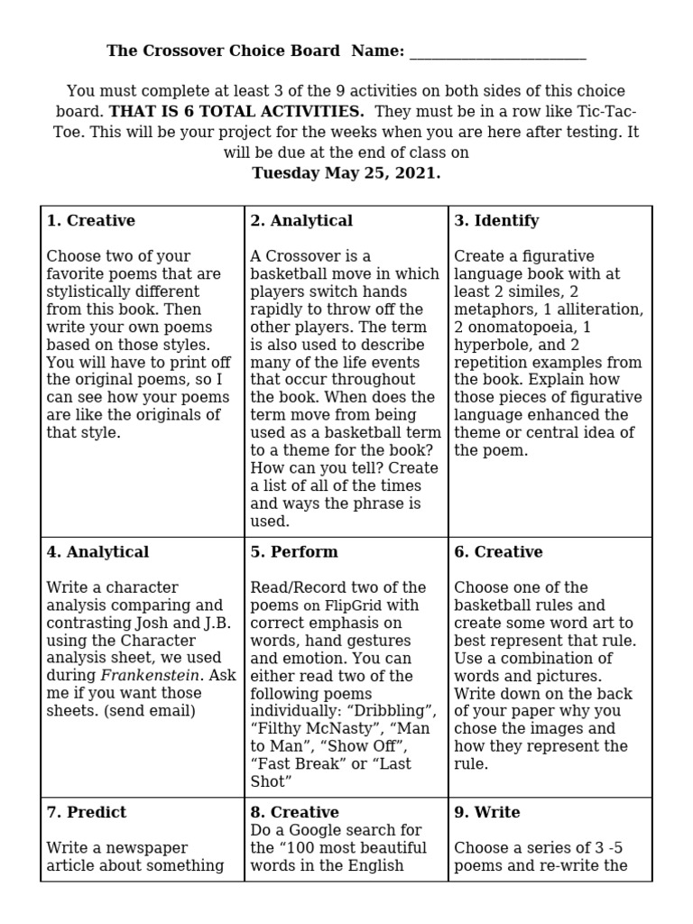 The Crossover Choice Board | PDF | Poetry