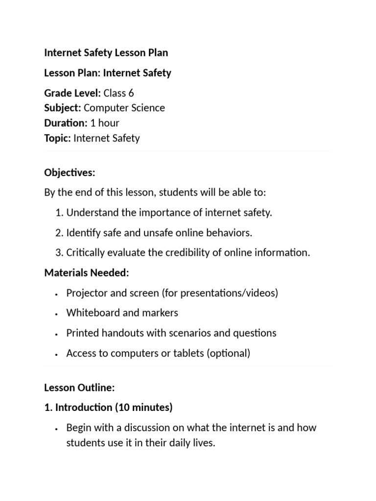 Internet Safety for Class 6 | PDF | Critical Thinking | Lesson Plan