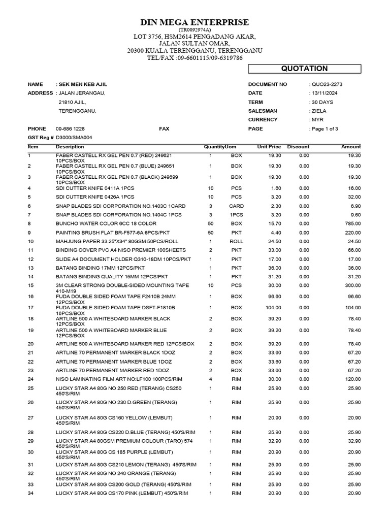 Din Mega Enterprise: Quotation | PDF | Writing Implements ...