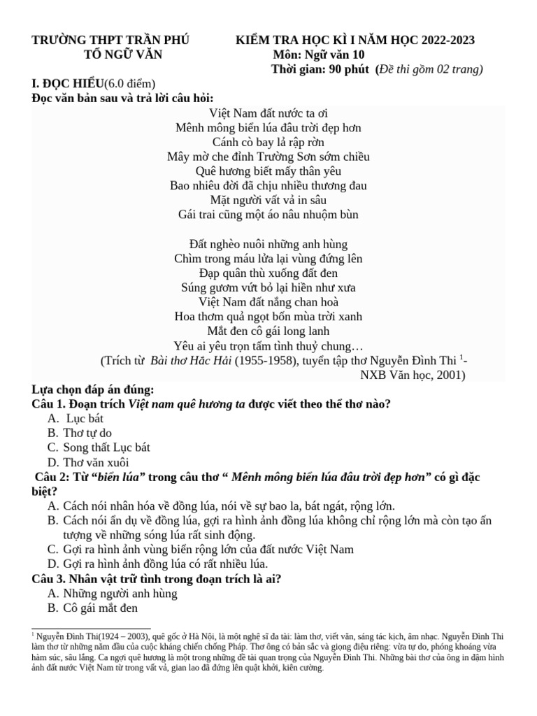De Kiem Tra Cuoi Hoc Ky 1 Mon Ngu Van 10 Nam Hoc 2022 - 2023 F7a45 | PDF