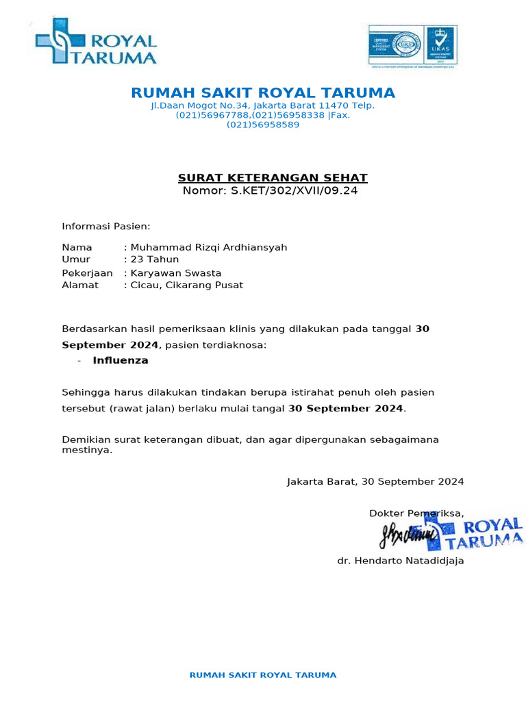 Surat Keterangan Sakit RS Royal Taruma | PDF