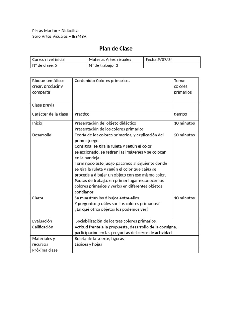 Didacti Plan de Clase Ruleta | PDF | Arte
