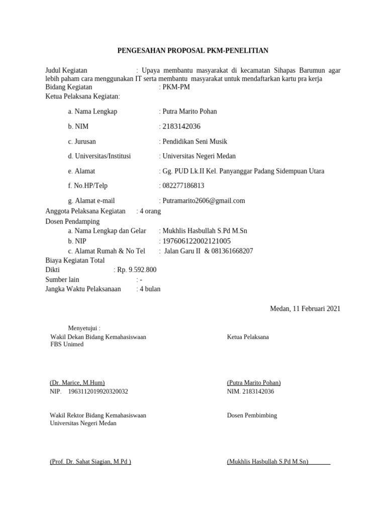 Surat Pengesahan Proposal PKM | PDF