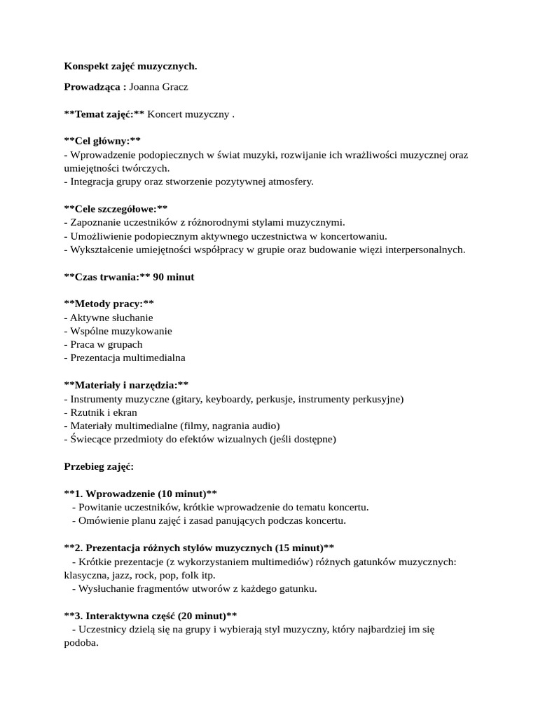 Scenariusz Zajecia Muzyczne Praktyki | PDF