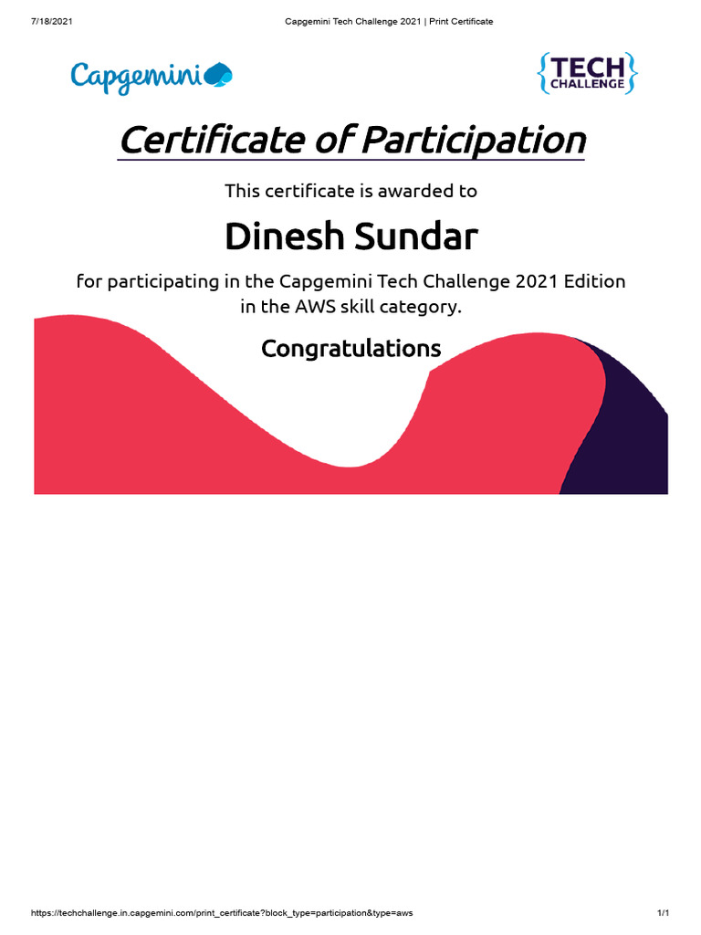 Capgemini Tech Challenge 2021 - Print Certificate | PDF