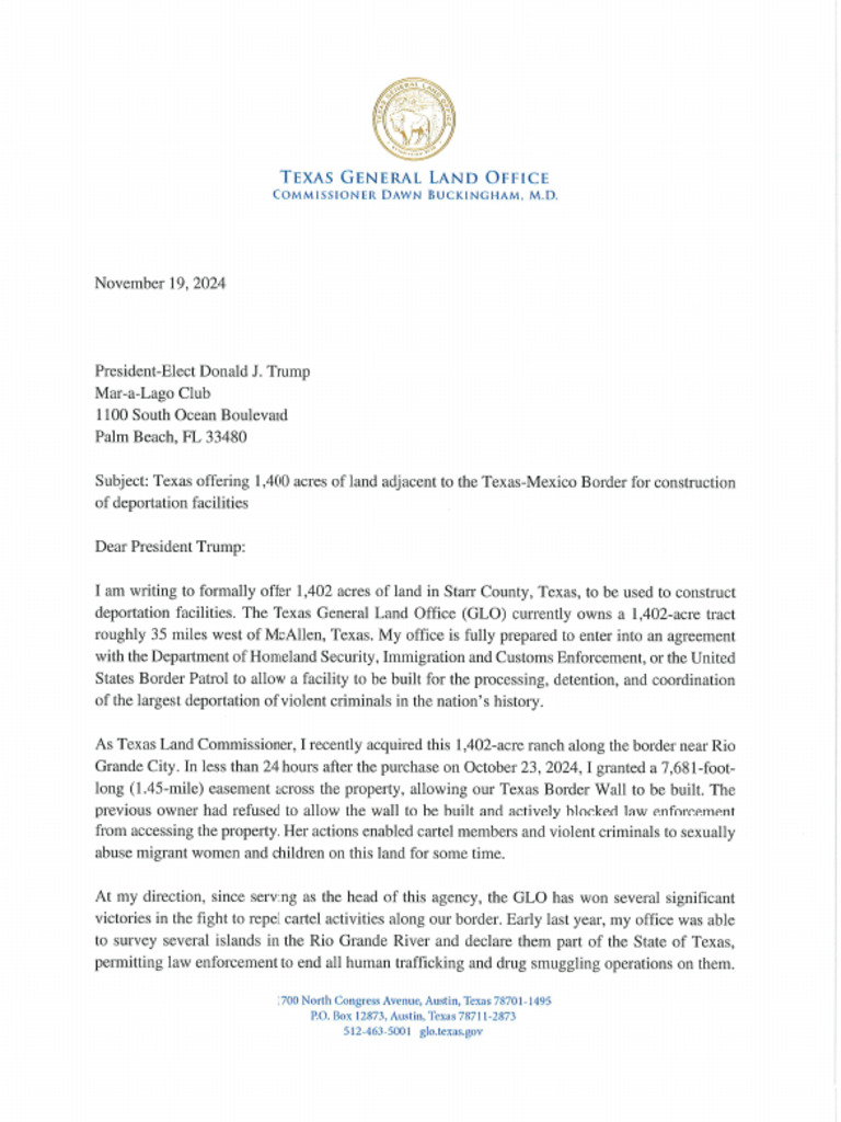 Texas GLO Letter To Trump Offering Land For Criminal Migrant Detention ...