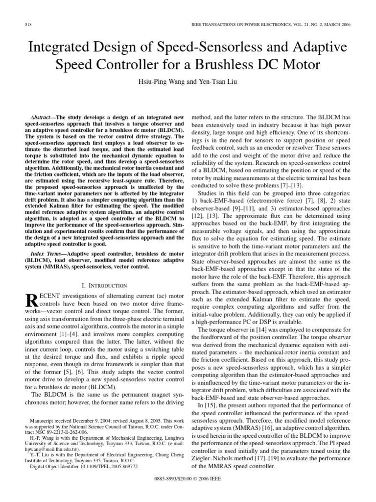 Integrated Design of Speed-Sensorless and Adaptive Speed Controller For A Brushless DC Motor ...