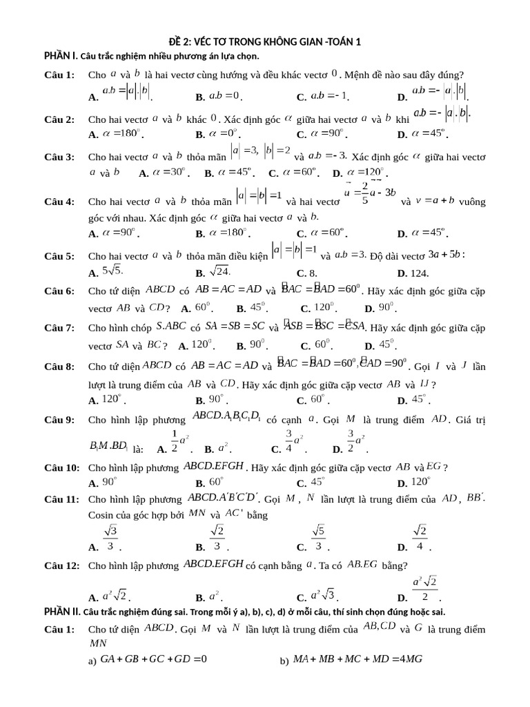 ĐỀ 2 VECTO TRONG KHÔNG GIAN TOÁN 1 2 | PDF