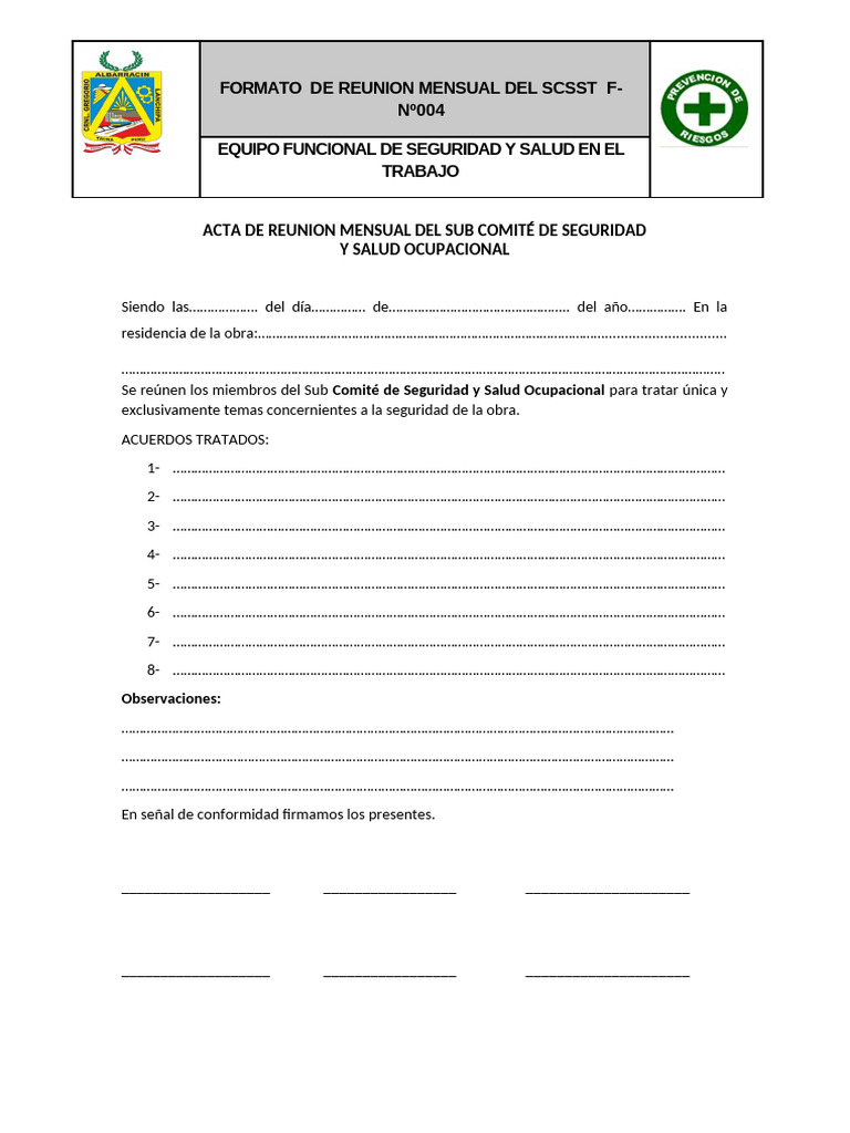 F-Nº004 Formato Reunion Mensual Del SCSST | PDF | Informática | Historia