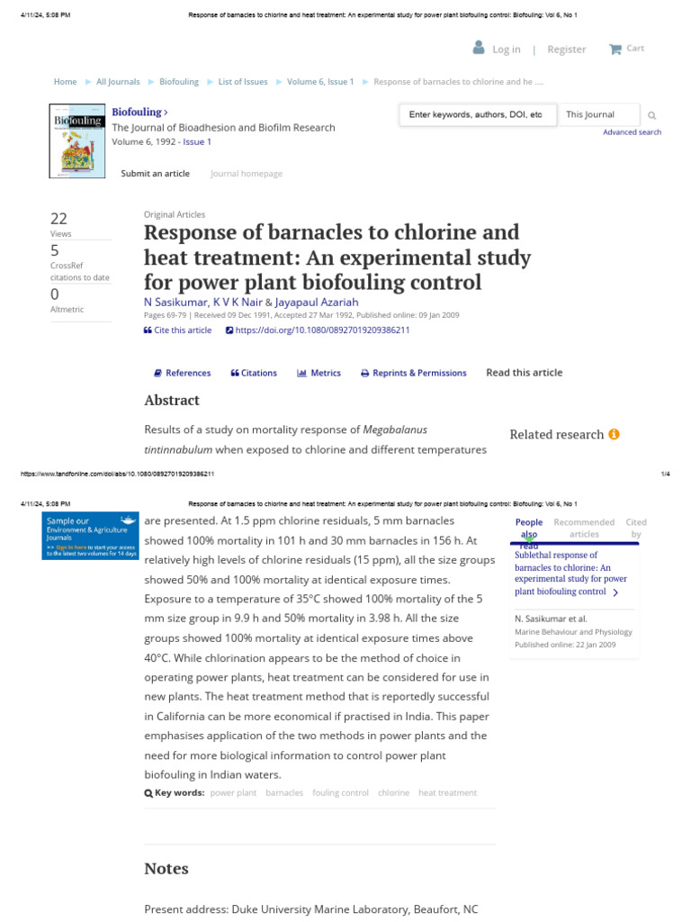Response of Barnacles To Chlorine and Heat Treatment - An Experimental ...