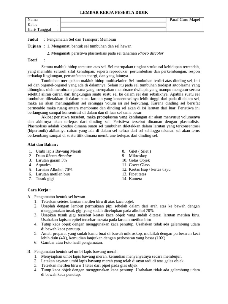 LKPD Pengamatan Sel Dan Peristiwa Plasmolisis (Osmosis) | PDF