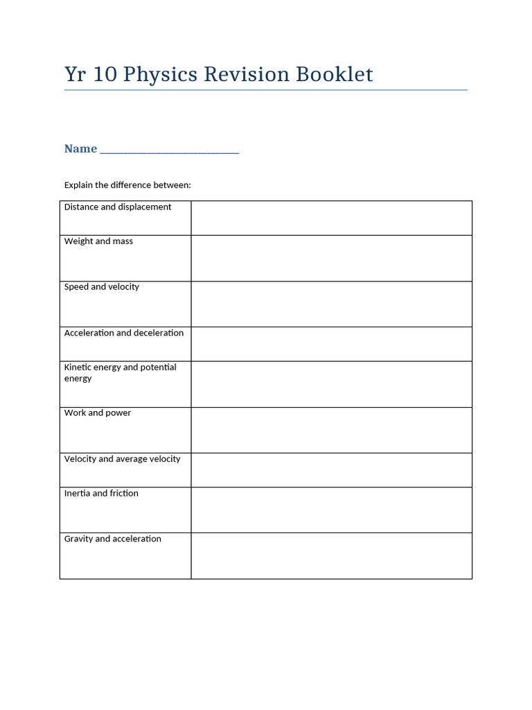 Yr 10 Physics Revision Booklet | PDF | Force | Acceleration