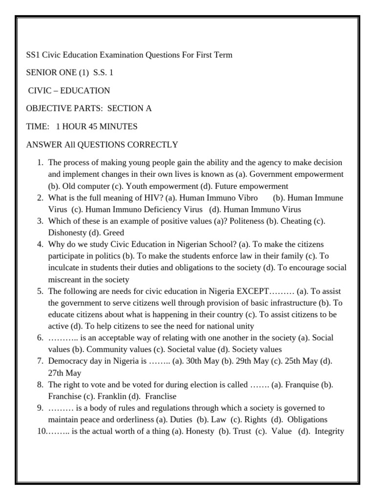 SS1 Civic Education First Term Exam Questions | PDF | Hiv/Aids | Justice