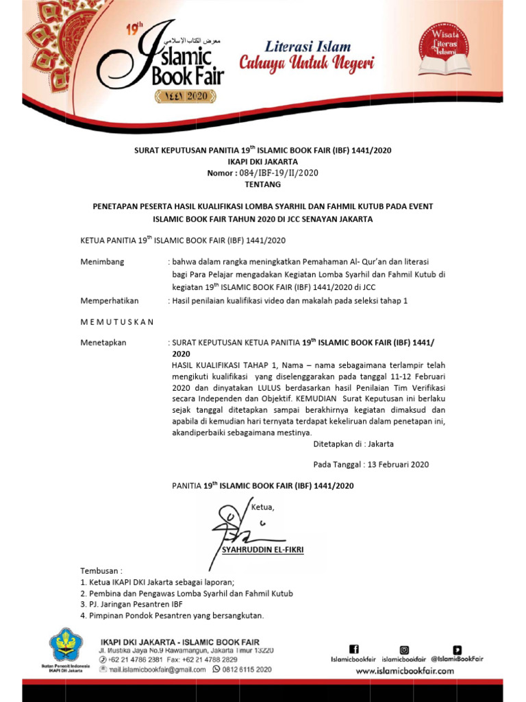 Surat Keputusan Panitia Islamic Book Fair Lomba | PDF