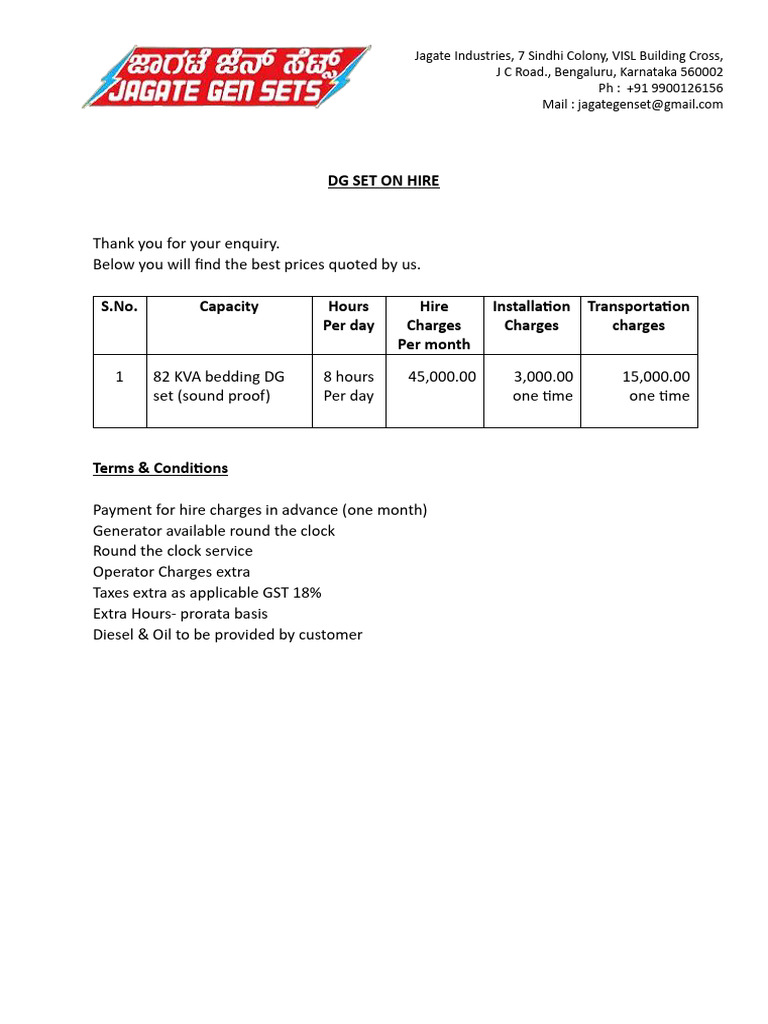 DG Set Hire Prices and Terms | PDF