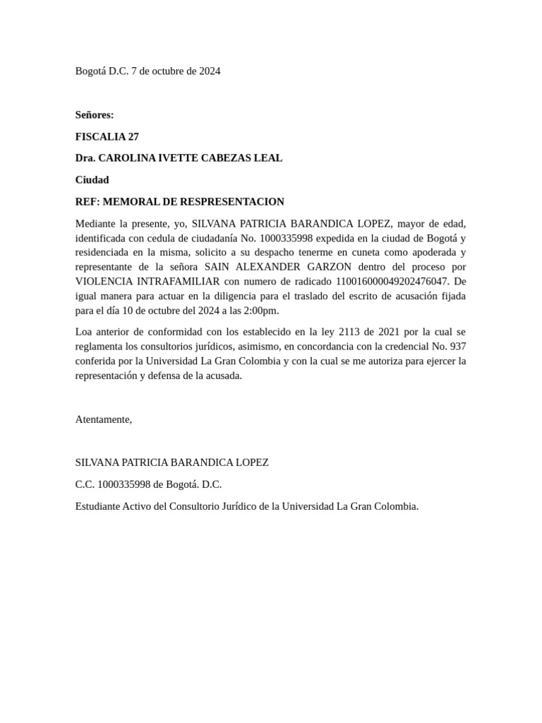 Memorial Representancion Sain Alexander Garzon | PDF