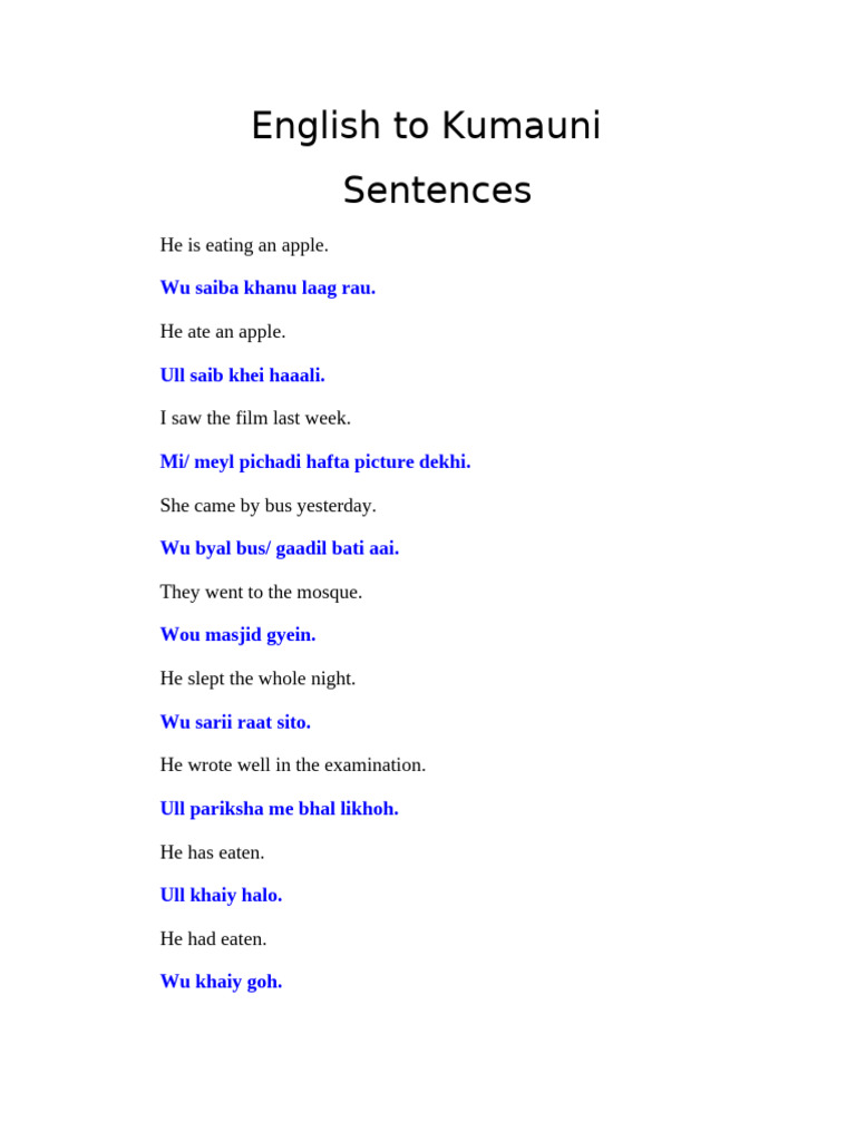 English to Kumaoni Sentence Guide | PDF
