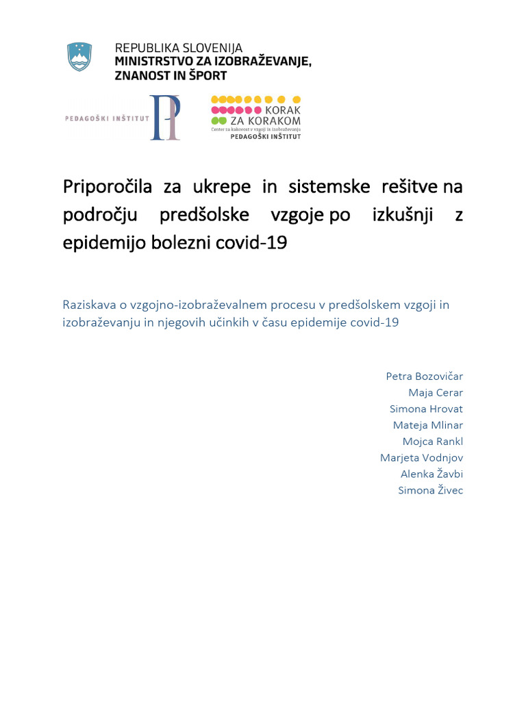 Priporoila Za Ukrepe in Sistemske Reitve Na Podroju Predolske Vzgoje Po ...