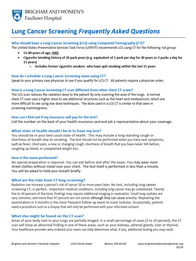 Lung Cancer Screening Faqs and Pack Years Calculator | PDF | Ct Scan ...