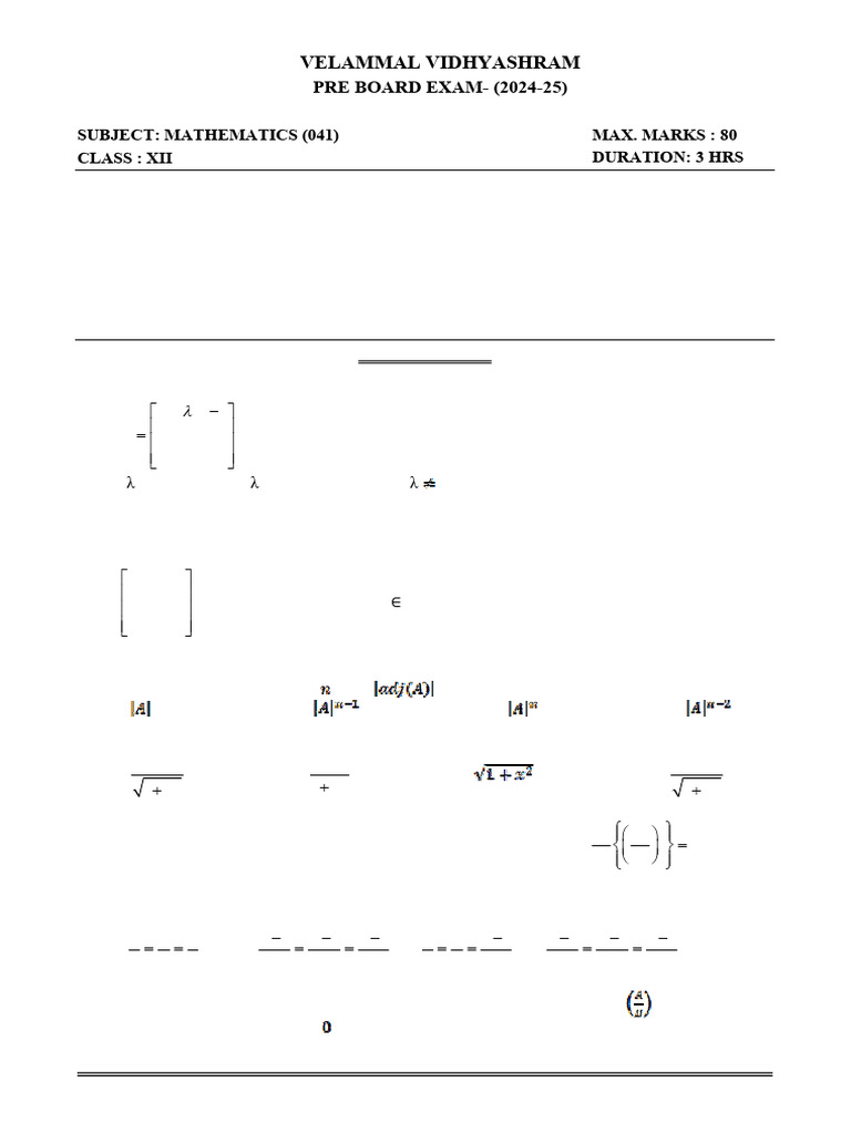 VV MN-XII Maths Pre Board QP Mr. Yuvaraj | PDF | Mathematical Physics | Linear Algebra