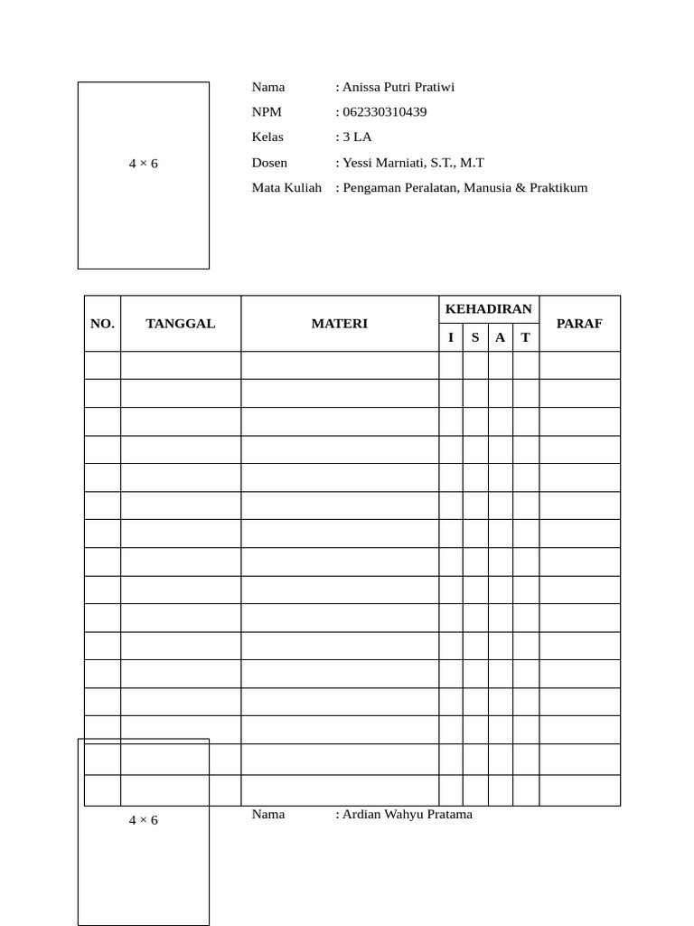Kartu Absen Bunda 3 La | PDF