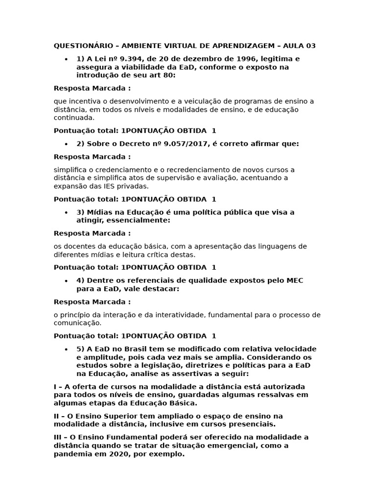 Questionário - Ambiente Virtual de Aprendizagem - Aula 03 | PDF