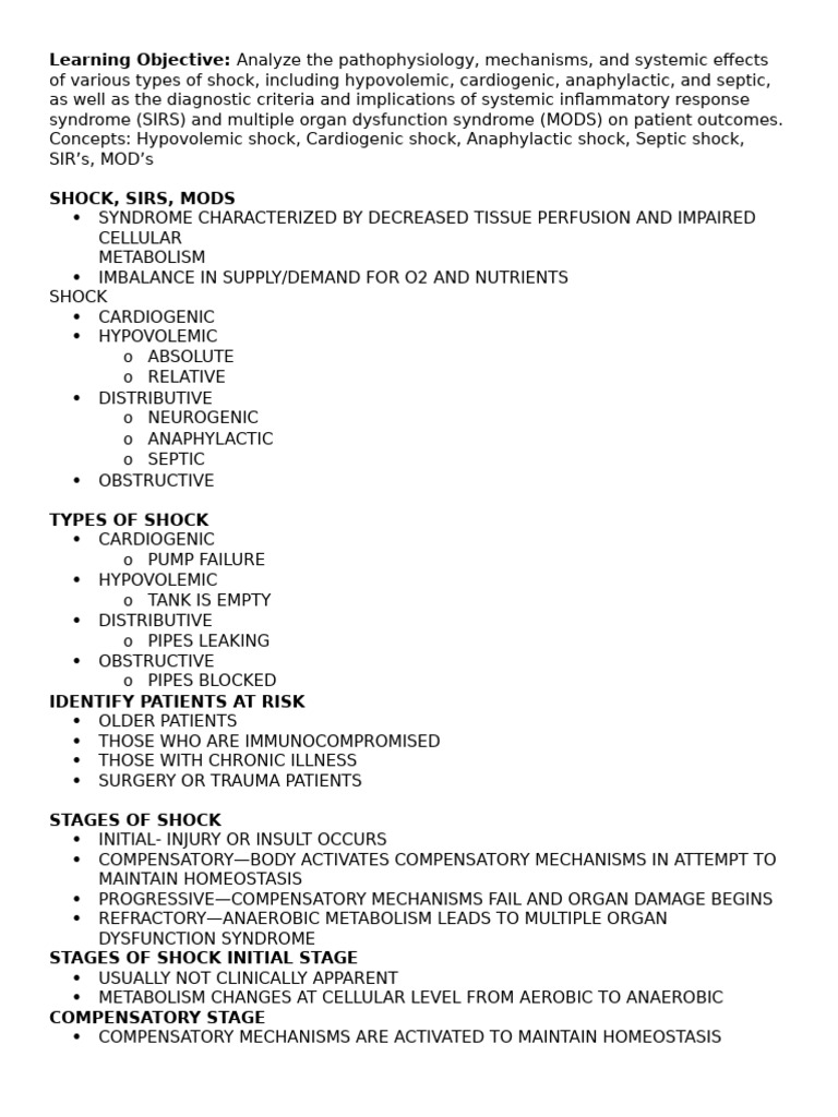SHOCK OUTLINE | PDF | Shock (Circulatory) | Sepsis