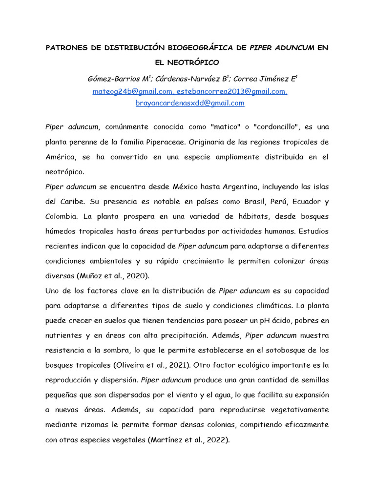 Distribución de Piper aduncum en el Neotrópico | PDF | Biología de la ...