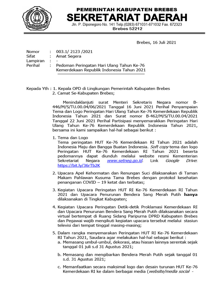 Surat Edaran Peringatan Hut Ri Ke 76 Kab. Brebes | PDF