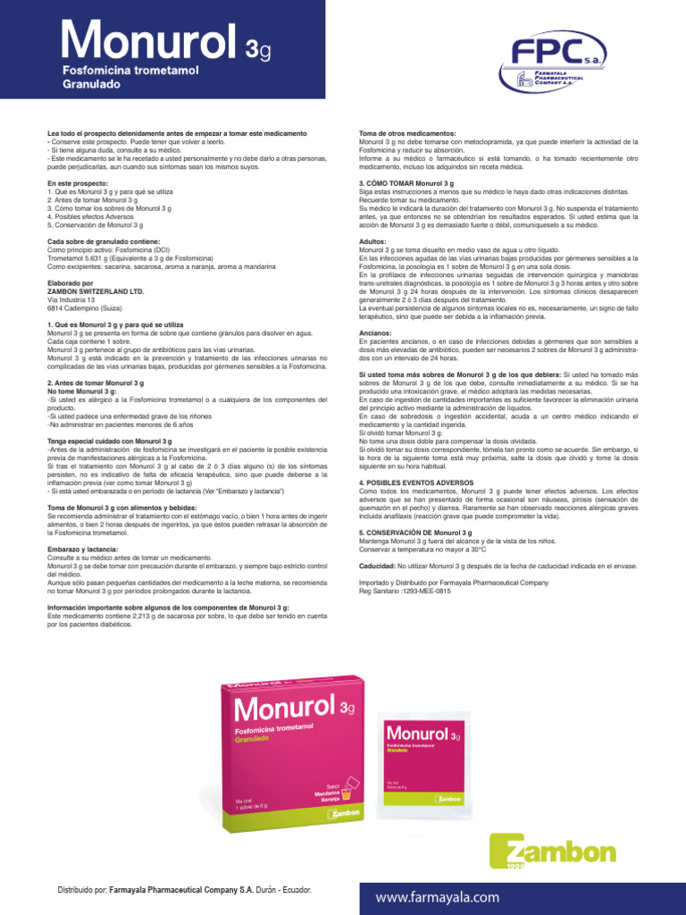 Prospecto de Monurol 3 g: Uso y Dosis | PDF | Infección del tracto ...